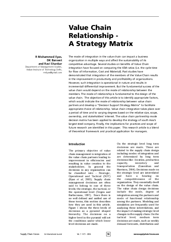 (PDF) Value Chain Relationship-A Strategy Matrix