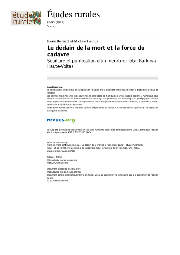 1984 Le dédain de la mort et la force du cadavre. Souillure et ...