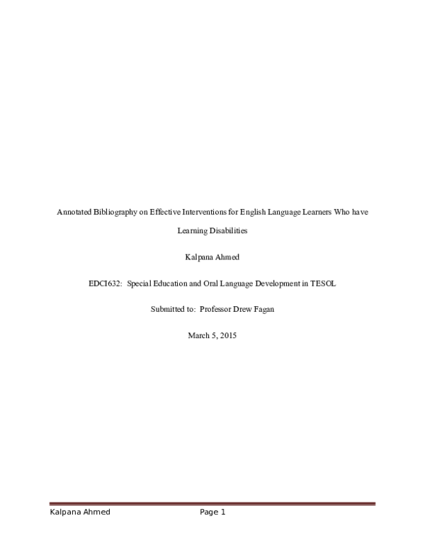 (DOC) Annotated Bibliography on Effective Interventions for English Language Learners Who have ...