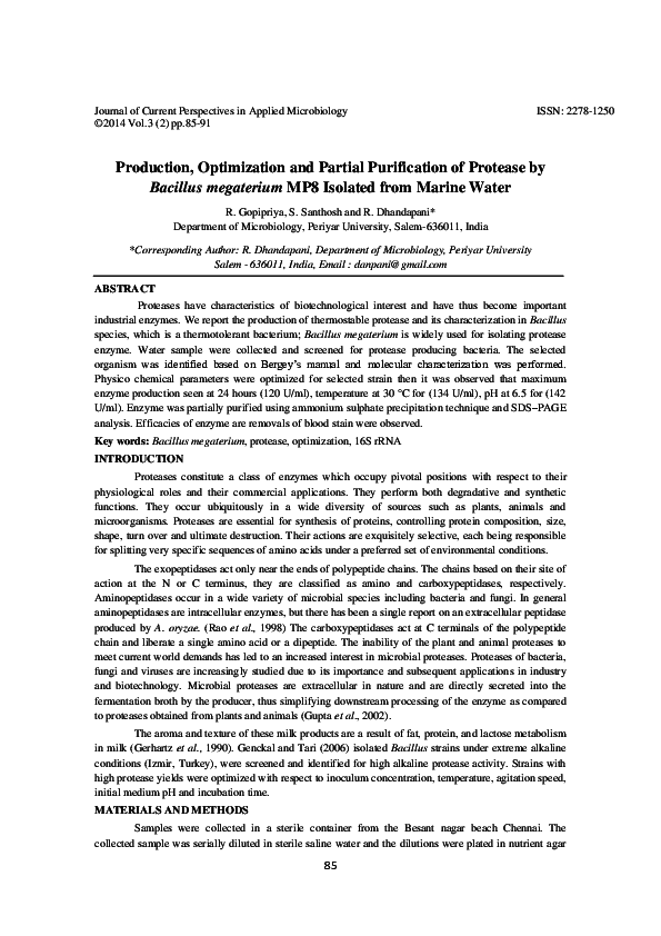 (PDF) Production, Optimization and Partial Purification of Protease by Bacillus megaterium MP8 ...