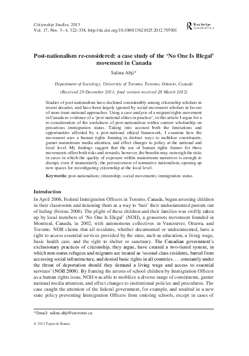 (PDF) Re-considering Post-Nationalism: A case study of the 'No One Is ...