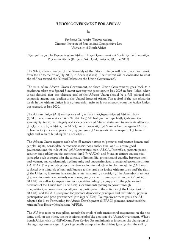 (PDF) "UNION GOVERNMENT FOR AFRICA"