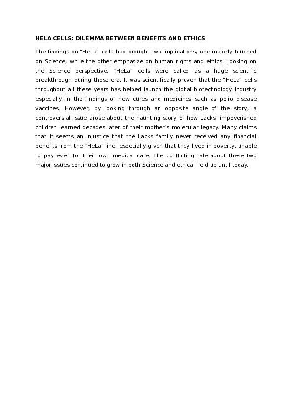 (DOC) HELA CELLS: DILEMMA BETWEEN BENEFITS AND ETHICS