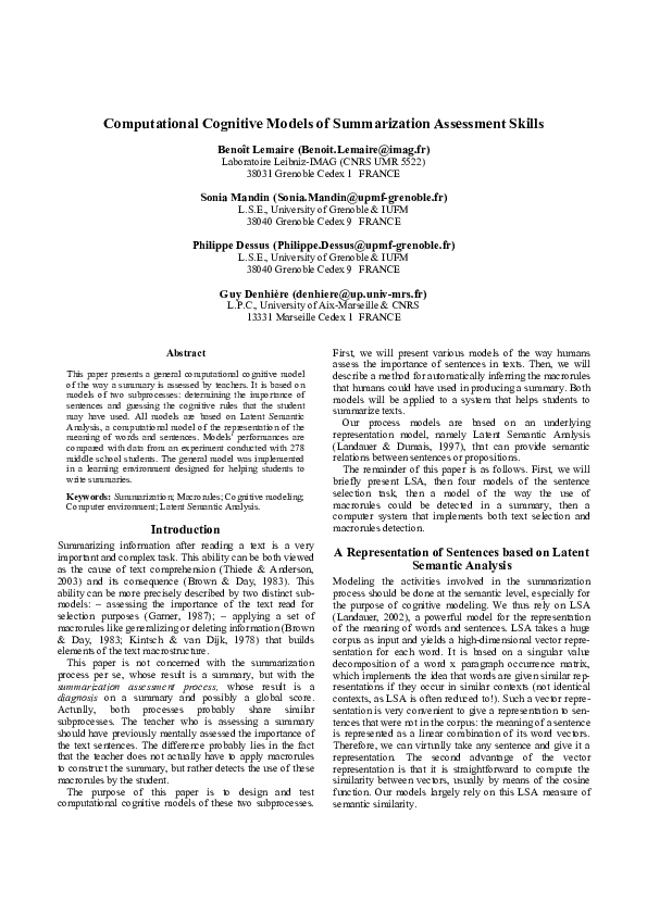 (PDF) Computational Cognitive Models of Summarization Assessment Skills