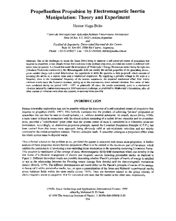 (PDF) Propellantless propulsion by electromagnetic inertia manipulation ...