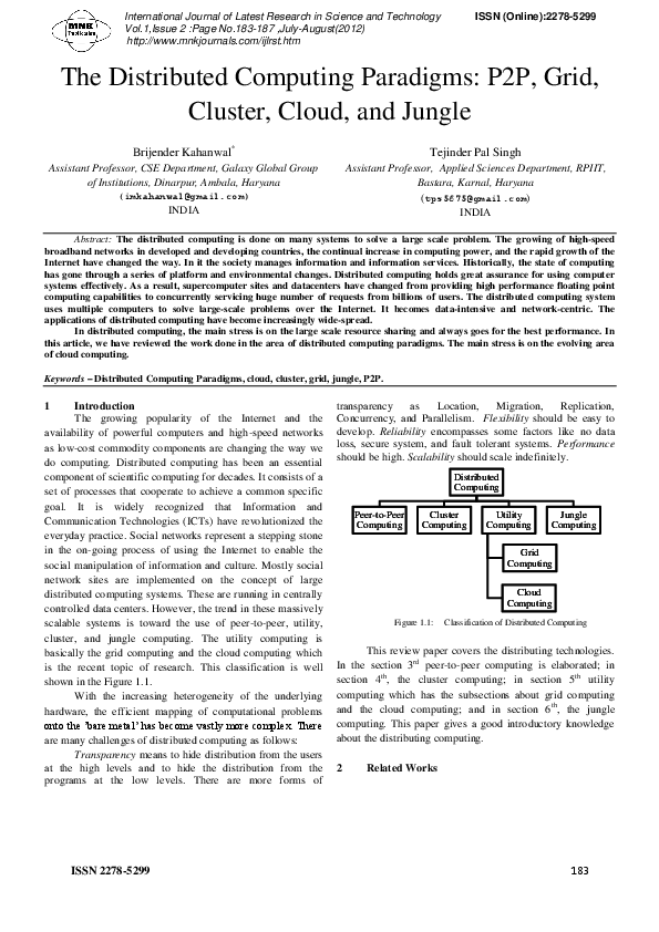 Pdf The Distributed Computing Paradigms P2p Grid Cluster Cloud And Jungle 8628