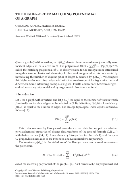 (PDF) The higher-order matching polynomial of a graph | Mario Estrada - Academia.edu