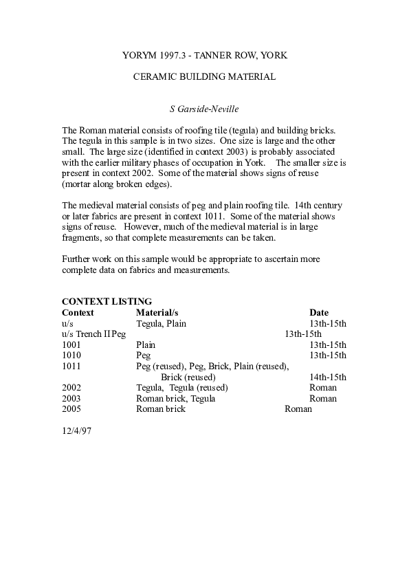 (DOC) YORYM 1997.3 - TANNER ROW, YORK CERAMIC BUILDING MATERIAL