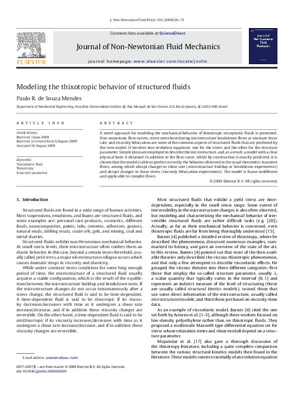 (PDF) Modeling the thixotropic behavior of structured fluids