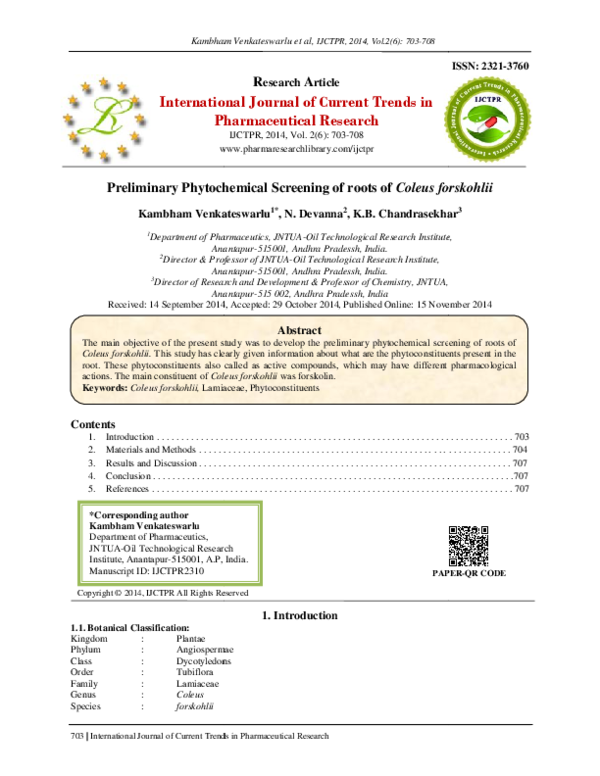 (PDF) Preliminary Phytochemical Screening of roots of Coleus forskohlii