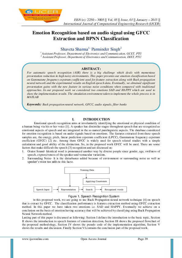 (PDF) Emotion Recognition based on audio signal using GFCC Extraction and BPNN Classification