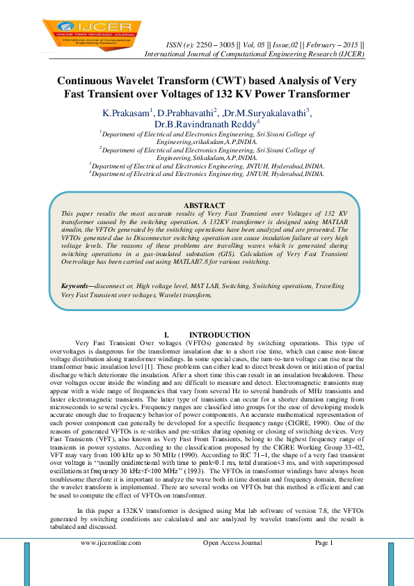 Pdf Continuous Wavelet Transform Cwt Based Analysis Of Very Fast Transient Over Voltages Of