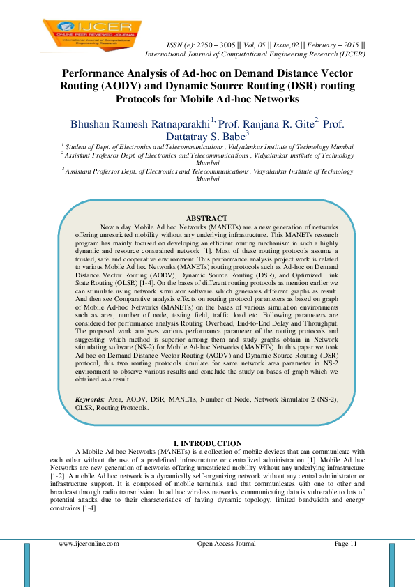 Pdf Performance Analysis Of Ad Hoc On Demand Distance Vector Routing Aodv And Dynamic Source