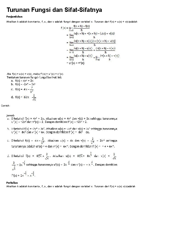 (DOC) Turunan Fungsi dan Sifat-Sifatnya