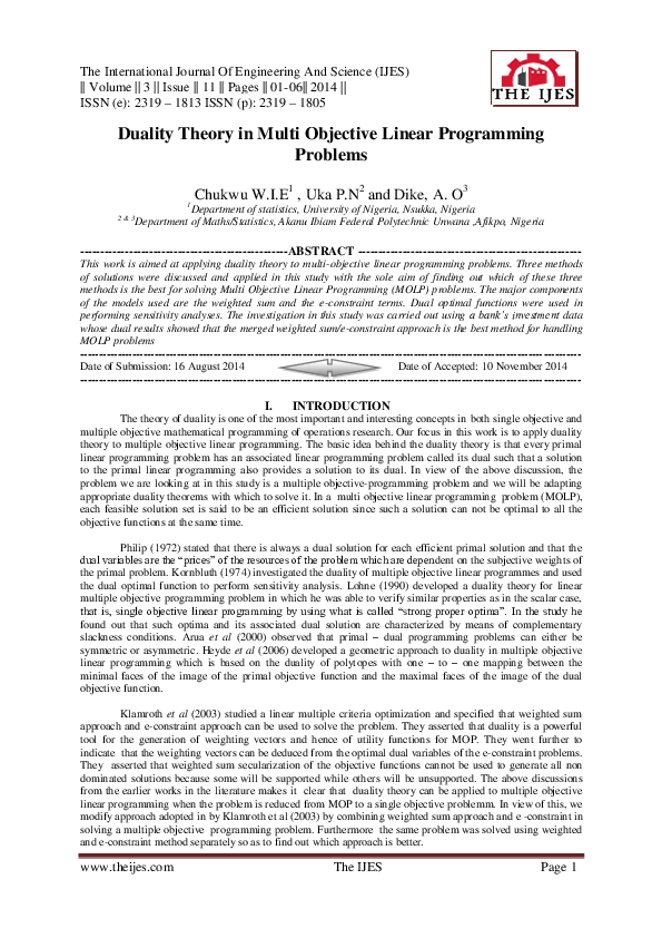 (PDF) Duality Theory in Multi Objective Linear Programming Problems