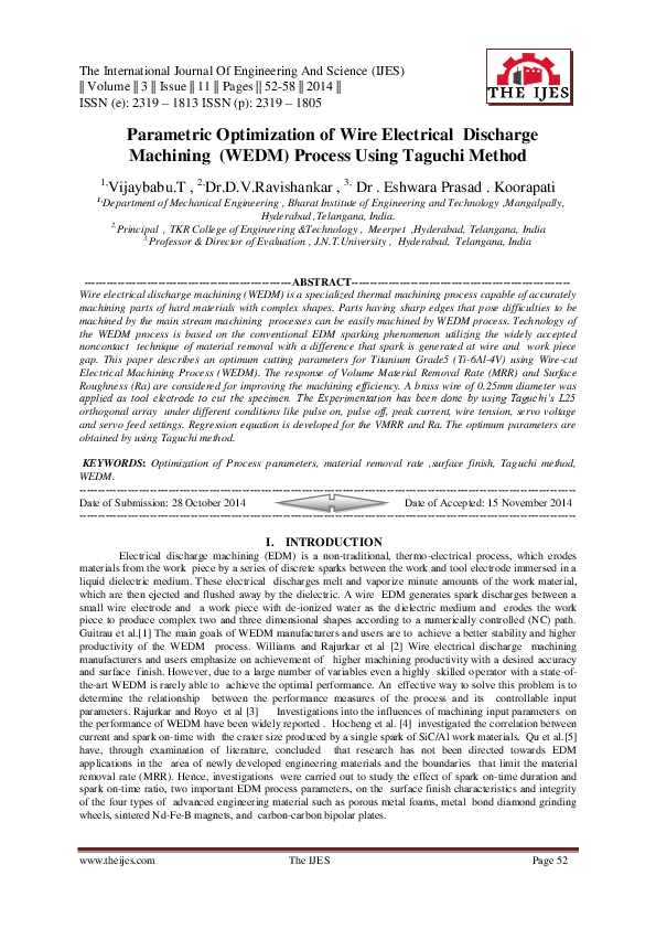 Pdf Parametric Optimization Of Wire Electrical Discharge Machining Wedm Process Using