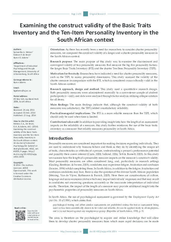 (PDF) Examining the construct validity of the Basic Traits Inventory ...