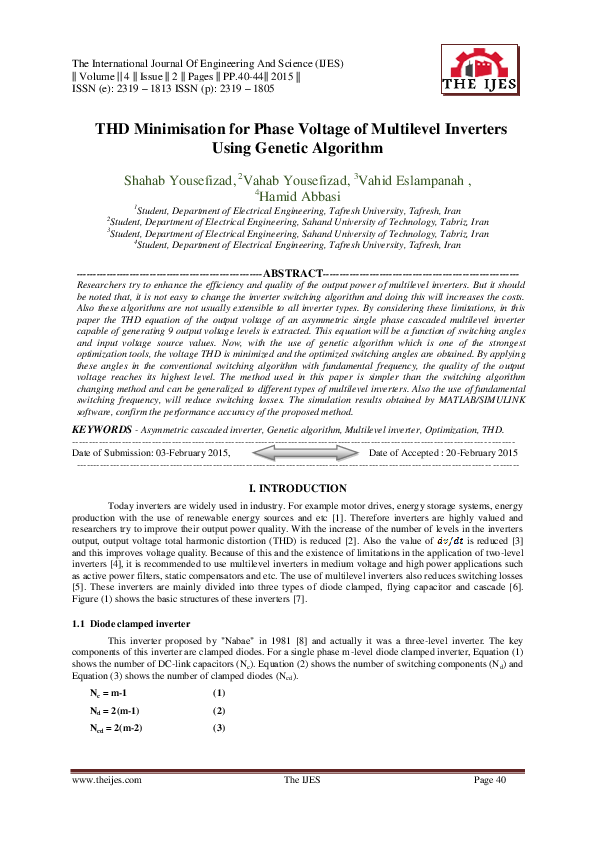 Pdf Thd Minimisation For Phase Voltage Of Multilevel Inverters Using Genetic Algorithm