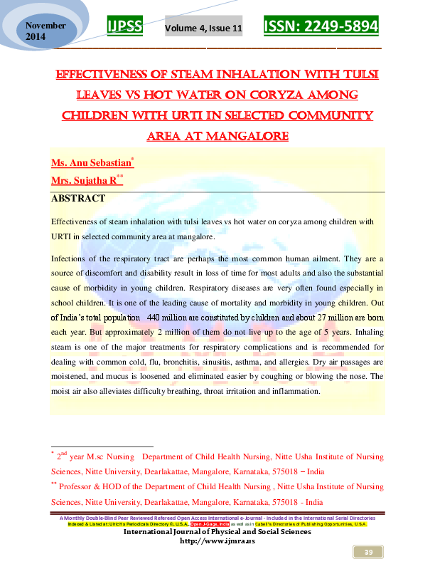 (PDF) EFFECTIVENESS OF STEAM INHALATION WITH TULSI LEAVES VS HOT WATER ...