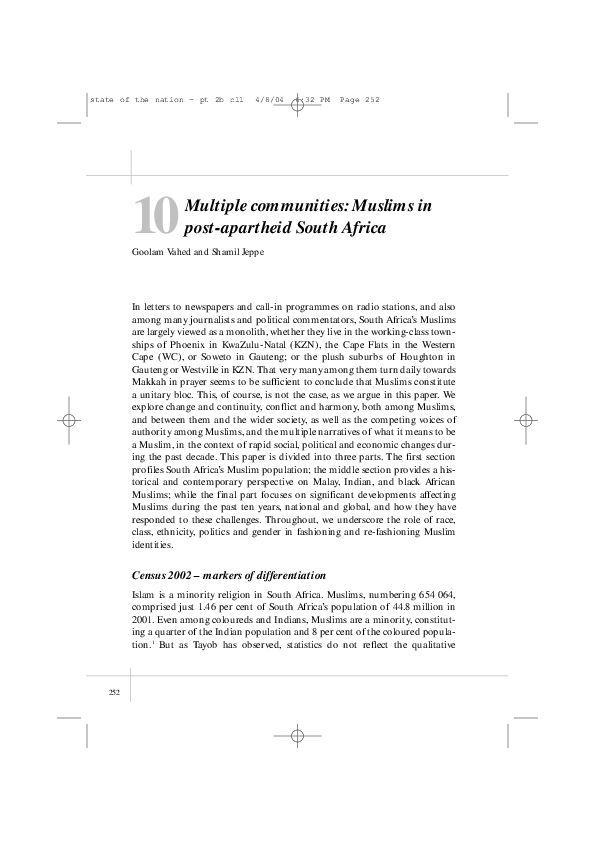 (PDF) Multiple Communities: Muslims in Post-apartheid South Africa ...
