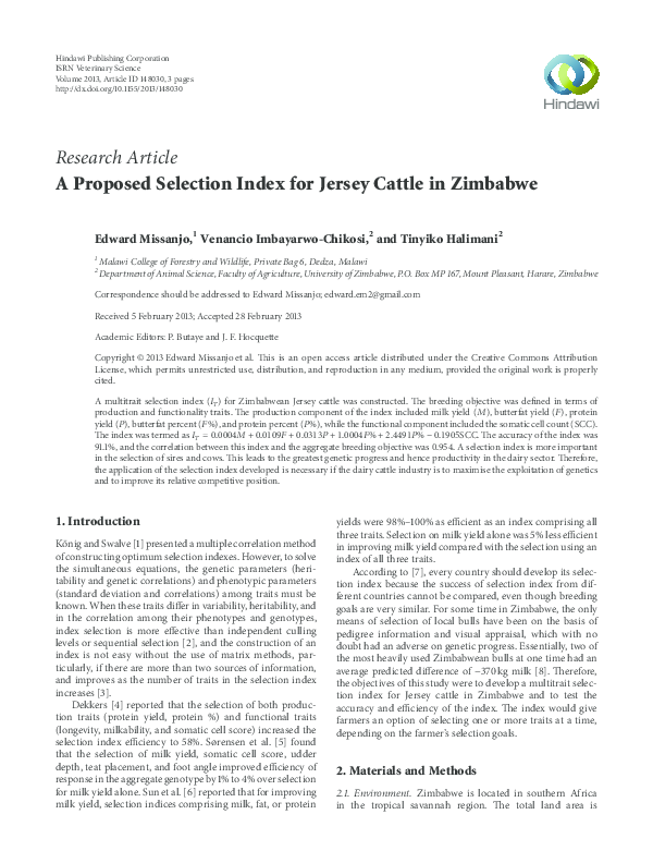 (PDF) A Proposed Selection Index for Jersey Cattle in Zimbabwe