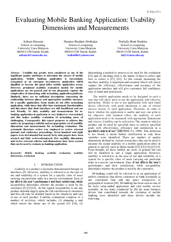 (PDF) Evaluating Mobile Banking Application: Usability Dimensions and Measurements