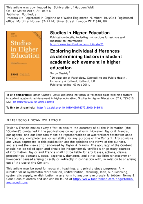 (PDF) Studies in Higher Education Exploring individual differences as ...