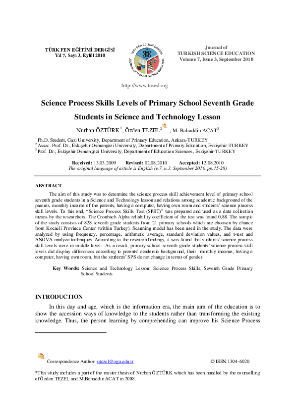 (PDF) Science Process Skills Levels of Primary School Seventh Grade ...