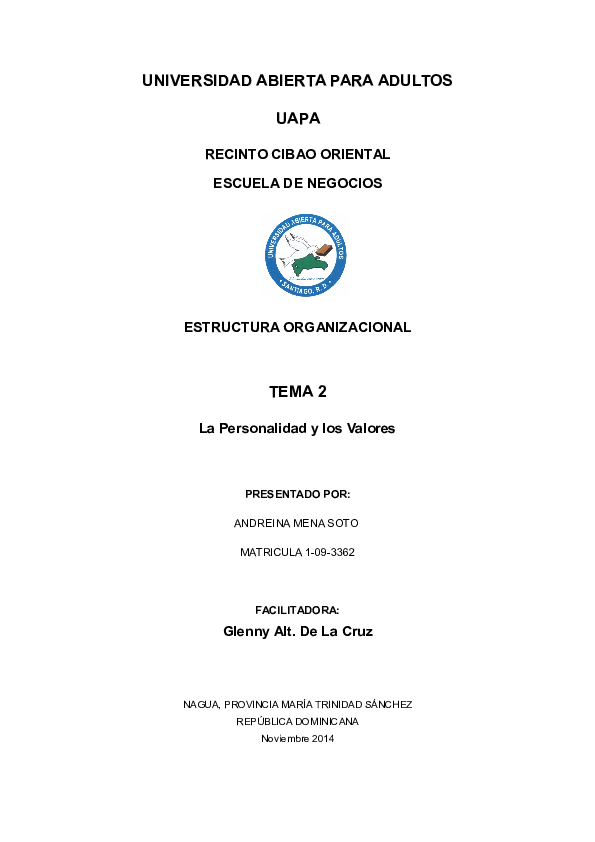 (DOC) UNIVERSIDAD ABIERTA PARA ADULTOS UAPA RECINTO CIBAO ORIENTAL ...