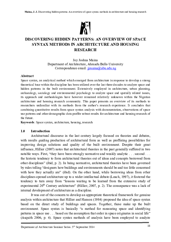 Pdf Discovering Hidden Patterns An Overview Of Space Syntax Methods