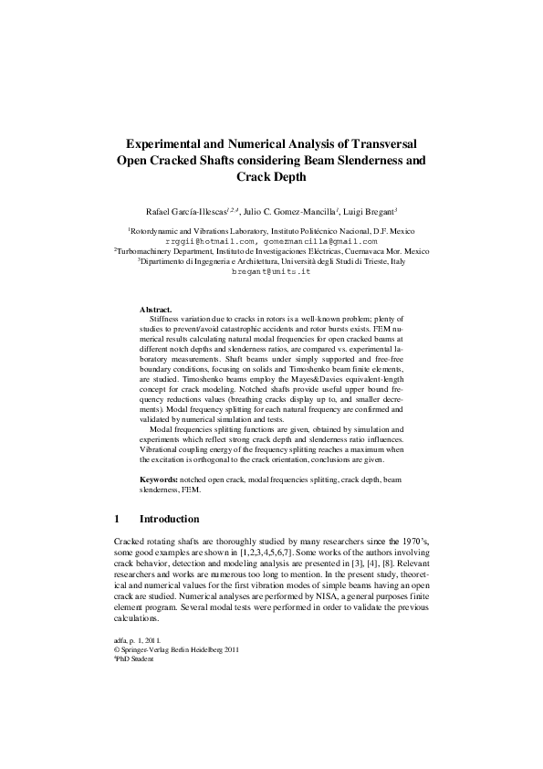 Pdf Experimental And Numerical Analysis Of Transversal Open Cracked Shafts Considering Beam