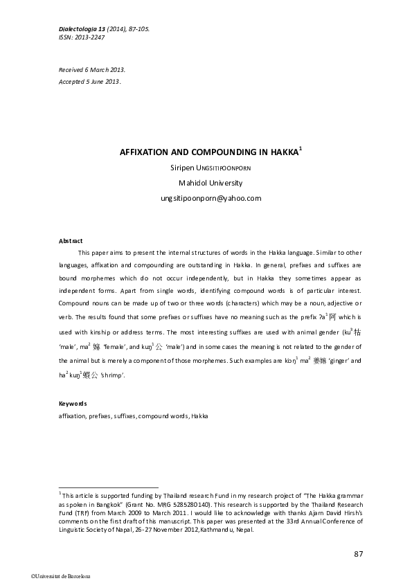 (PDF) Affixation and Compounding in Hakka