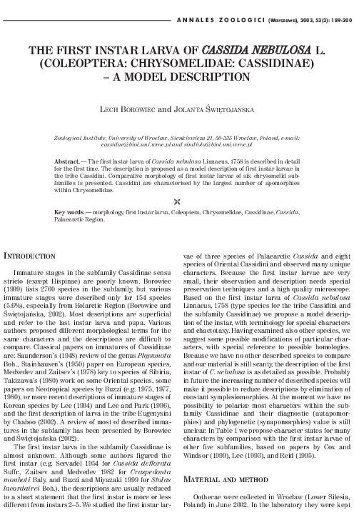 (PDF) The first instar larva of Cassida nebulosa L.(Coleoptera ...