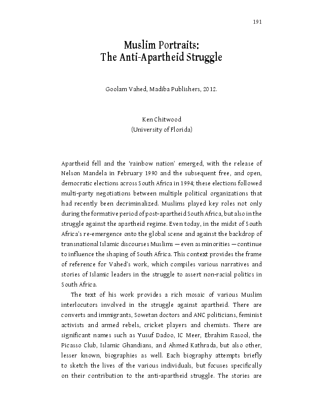 (PDF) REVIEW: Muslim Portraits: The Anti-Apartheid Struggle Goolam ...