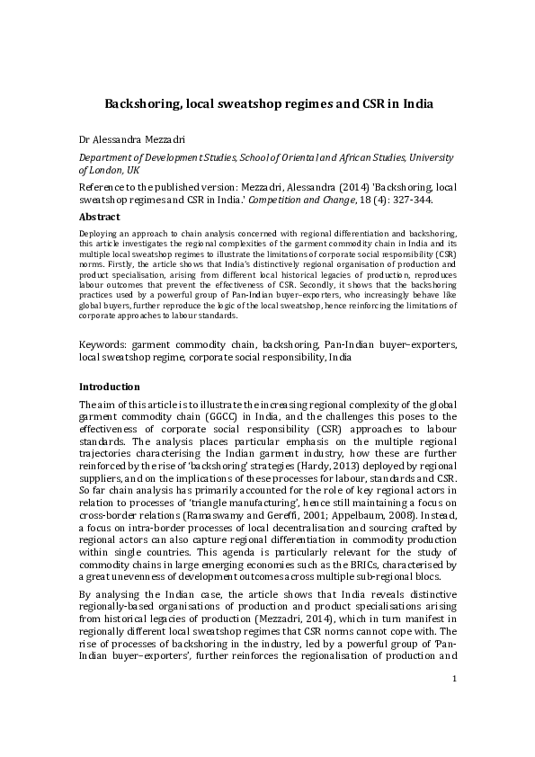 (PDF) Backshoring, Local Sweatshop Regimes and CSR in India