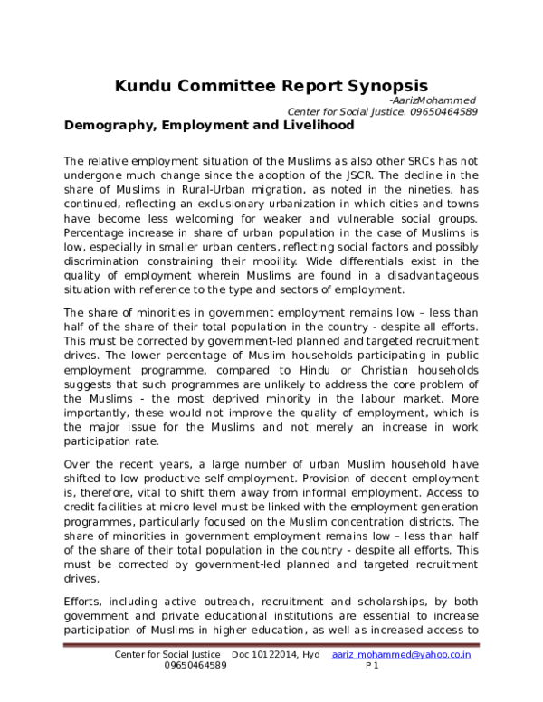 (DOC) Kundu committee Report Synopsis 2015