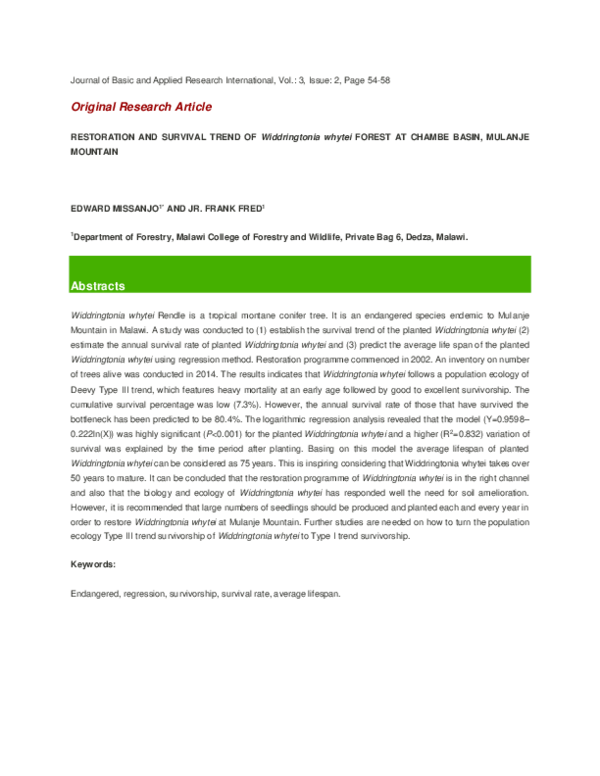 (PDF) Restoration and Survival Trend of Widdringtonia whytei Forest at ...