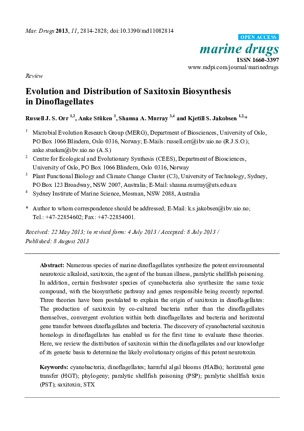 (PDF) Evolution and Distribution of Saxitoxin Biosynthesis in ...