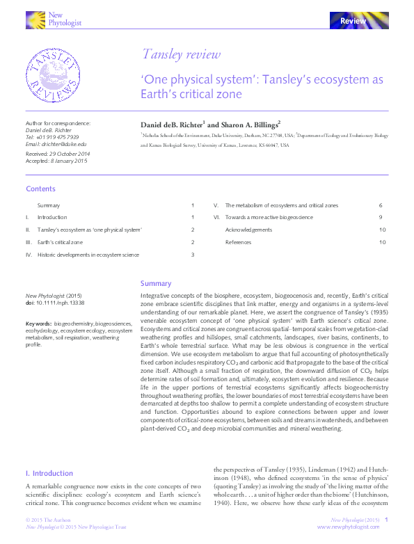 (PDF) "One physical system": Tansley's ecosystem as Earth's critical zone