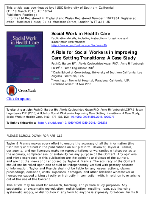 (PDF) A Role for Social Workers in Improving Care Setting Transitions ...