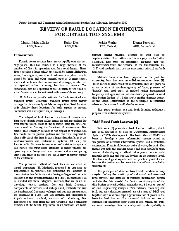 (PDF) REVIEW OF FAULT LOCATION TECHNIQUES FOR DISTRIBUTION SYSTEMS