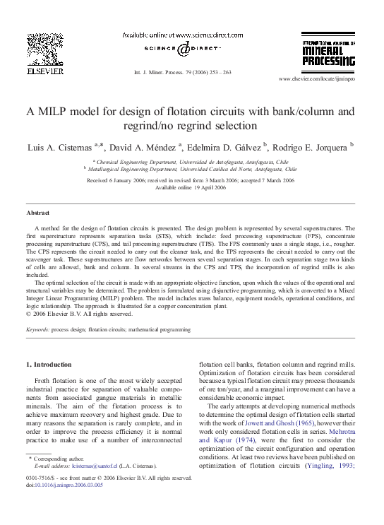 (PDF) A MILP model for design of flotation circuits with bank/column and regrind/no regrind ...