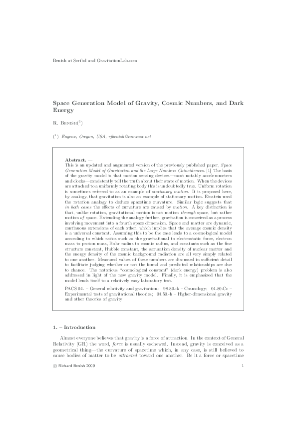 (PDF) Space Generation Model of Gravitation, Cosmic Numbers, and Dark ...