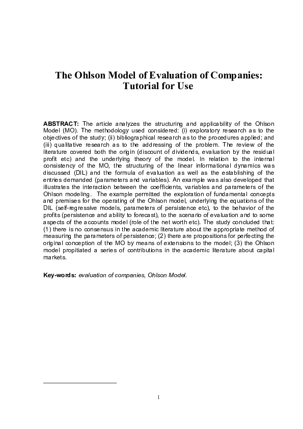 (PDF) The Ohlson Model of Evaluation of Companies:Tutorial for Use