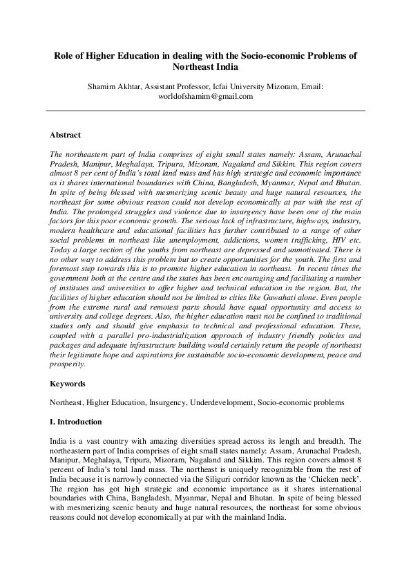 (PDF) Role of Higher Education in dealing with the Socio-economic Problems of Northeast India