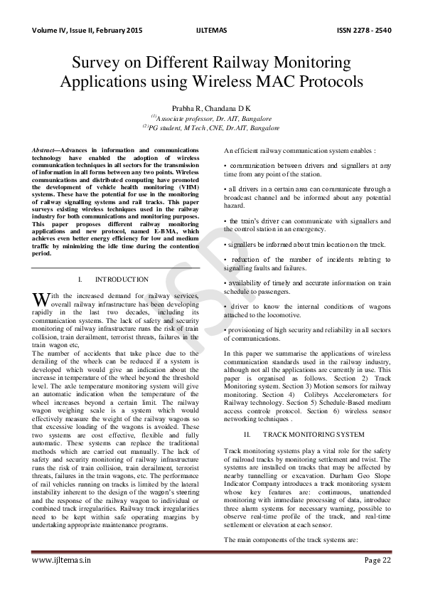 (PDF) Survey on Different Railway Monitoring Applications using Wireless MAC Protocols