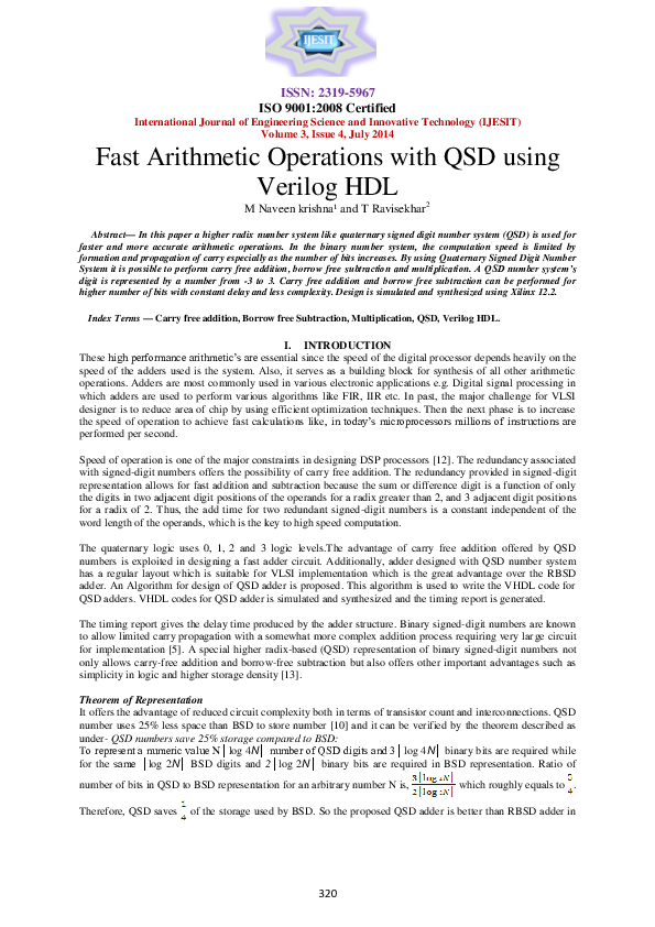 Pdf Fast Arithmetic Operations With Qsd Using Verilog Hdl