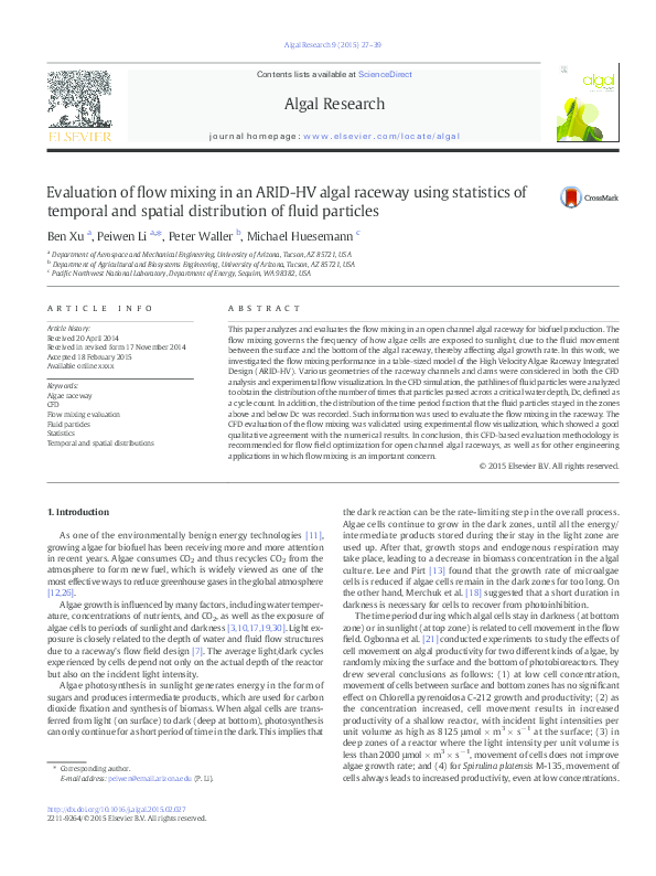 (PDF) Evaluation of flow mixing in an ARID-HV algal raceway using statistics of temporal and ...