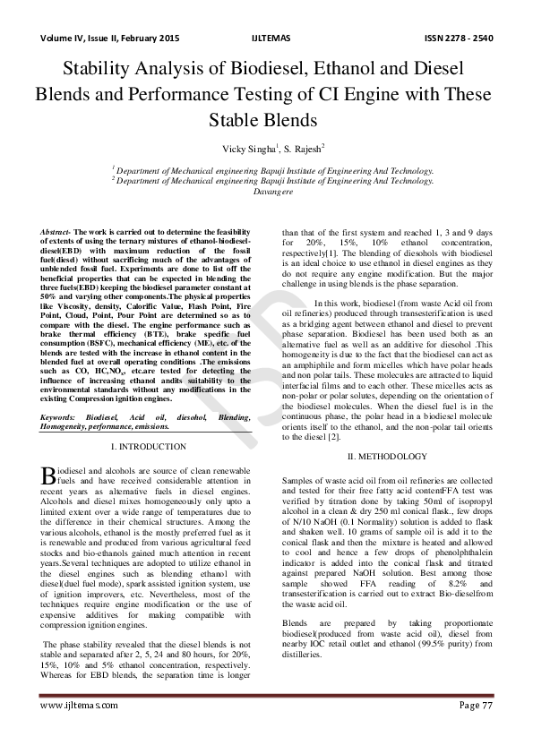 (PDF) Stability Analysis of Biodiesel, Ethanol and Diesel Blends and ...