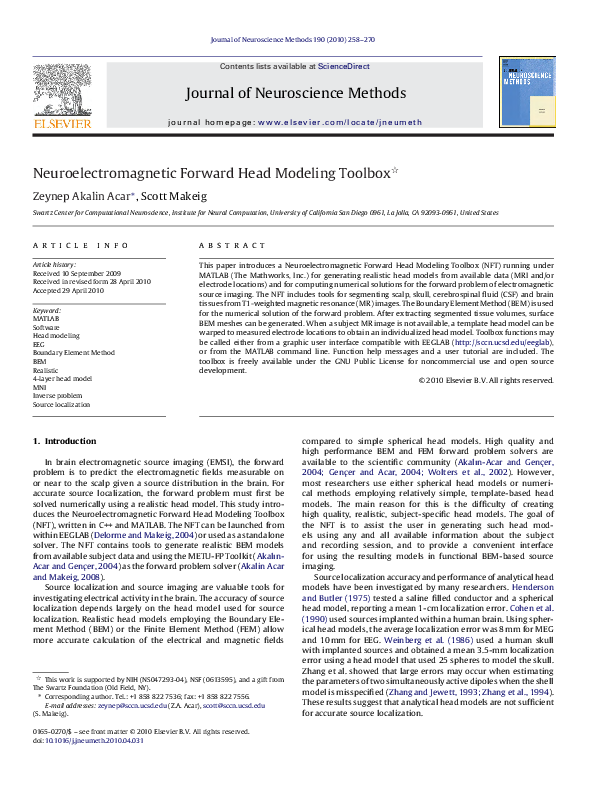 Pdf Neuroelectromagnetic Forward Head Modeling Toolbox Keyword Matlab Software Head Modeling